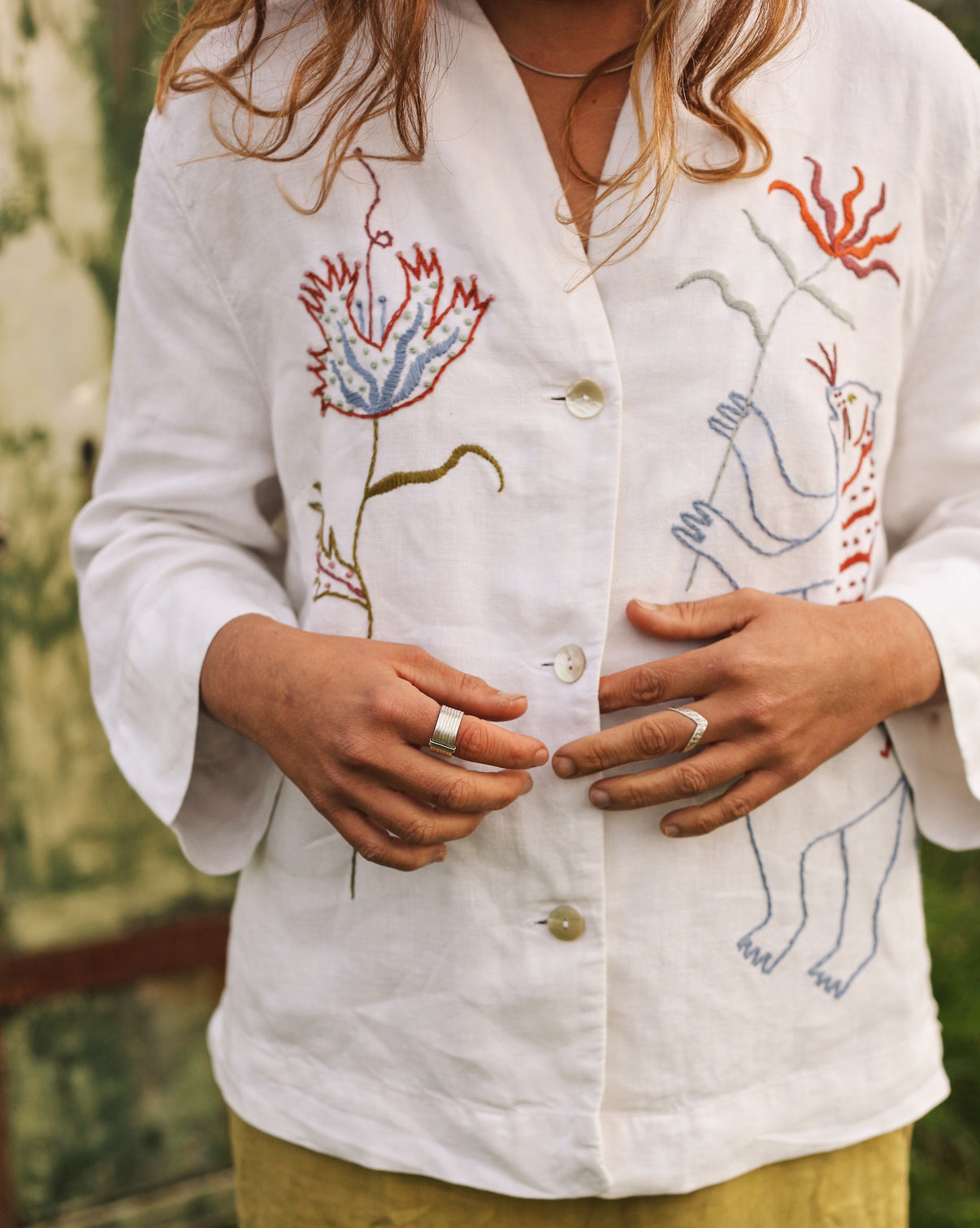 Hand Embroidered Linen Tiger & Poppy Shirt – Madeleine Illustration