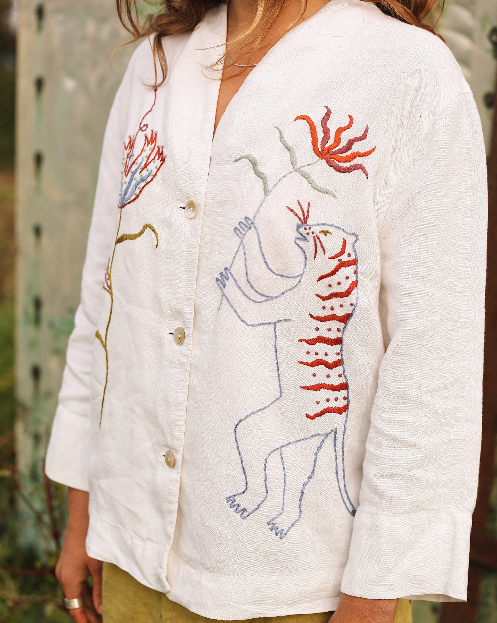 Hand Embroidered Linen Tiger & Poppy Shirt – Madeleine Illustration