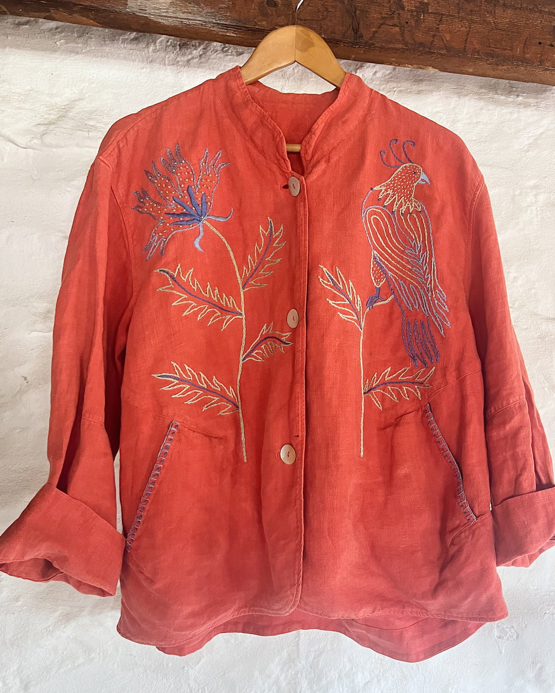 Hand Embroidery Burnt Orange Linen Parrot Jacket – Madeleine Illustration